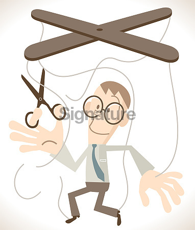 Just be yourself, Businessman using scissor to cut the puppet strings ...