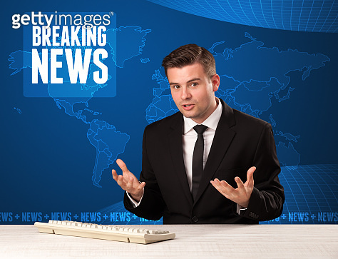 Television presenter in front telling breaking news with blue modern ...