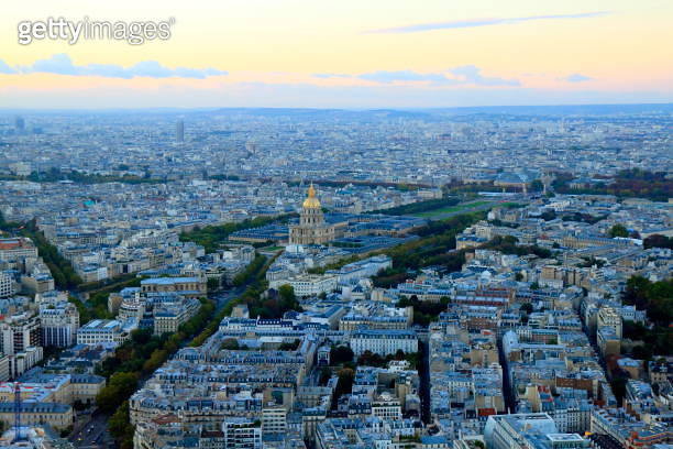 Above Paris idyllic Urban Skyline roofs: majestic Ivalides golden dome ...