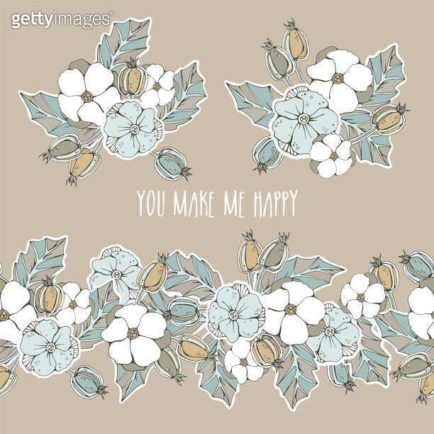 Seamless border with briar berries and flowers. Two sticker with ...