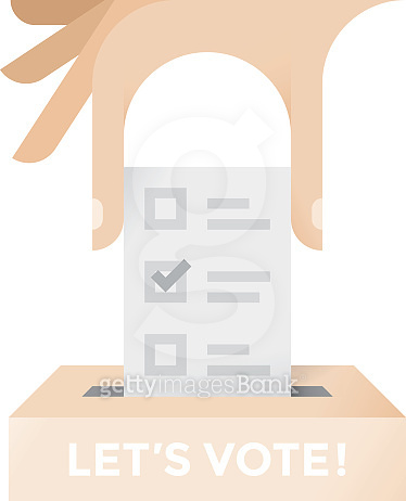 Human hand putting vote with check mark into a ballot box with Let's ...
