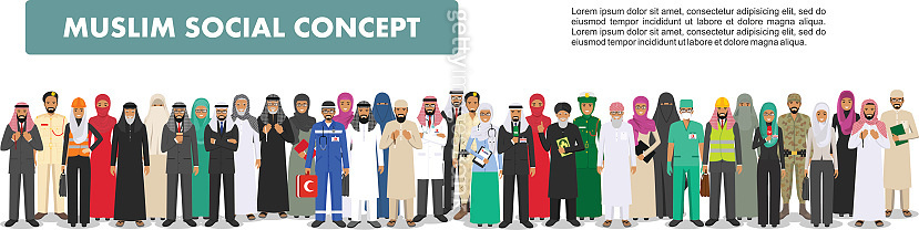 Social concept. Large group muslim arabic people professions occupation ...