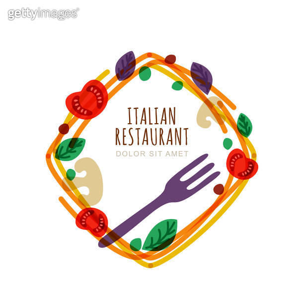 Frame with italian spaghetti, tomato, basil, fork. Vector emblem design ...