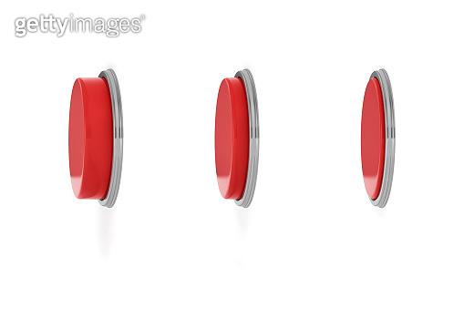 3d rendering of a set of three red round buttons in different stages of being pushed down 이미지 ...