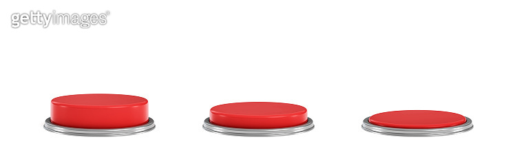 3d rendering of a set of three red round buttons in different stages of ...