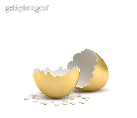 3d rendering of a cracked golden egg with its two pieces lying beside ...