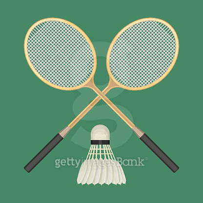 Two crossed badminton rackets and white shuttlecock with black line ...