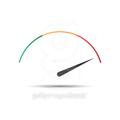 Simple vector tachometer with indicator in red part, speedometer icon, performance measurement ...