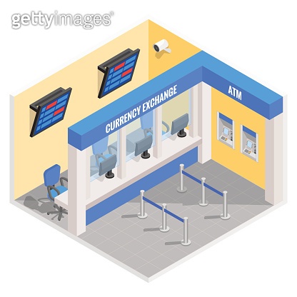 Currency exchange office in isometric style design. Vector flat 3d ...