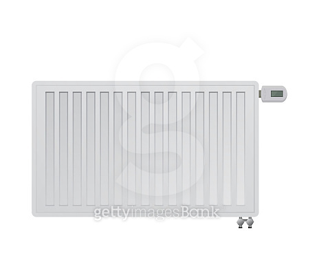 Steel panel radiator. Electronic thermal head. Bottom right side ...