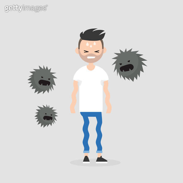 Panic attack. Young scared character surrounded by angry flying ...