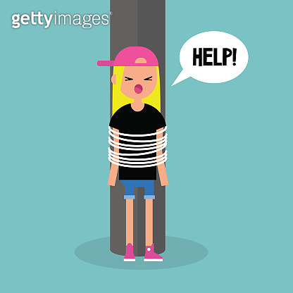 Young female tied up character calling for help / flat editable vector ...