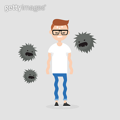 Panic attack. Young scared character surrounded by angry flying ...