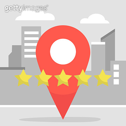 Red pin sign. Geo location. Rating. Five stars. Urban services. Flat ...