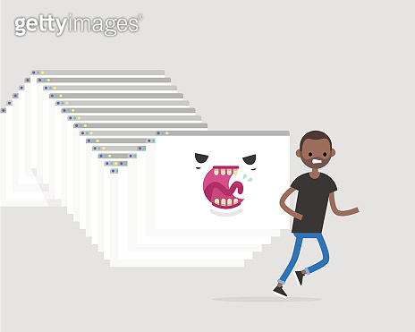 Internet monster. Hacker attack. Huge worm made of browser windows ...