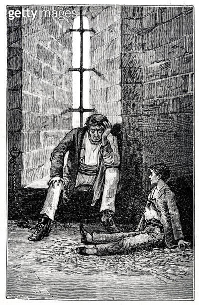 Engraving man on a chain and noble boy in prison 이미지 (843642676) - 게티이미지뱅크