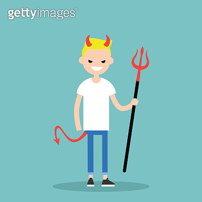 Young character wearing devil elements: horns, tail and trident / flat ...