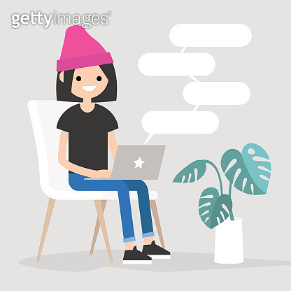 Young female character typing messages on a laptop. Remote ...