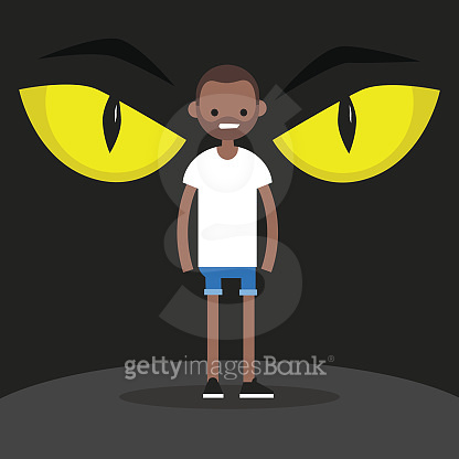 Horror conceptual illustration. Huge yellow eyes behind the character's ...