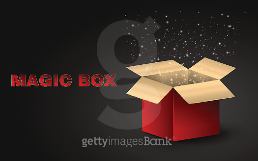 Golden magic box of red color. Realistic illustration on a dark ...