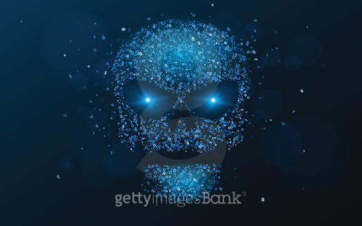 Hacking system. An abstract, luminous skull of blue color from a binary code. The data is under ...