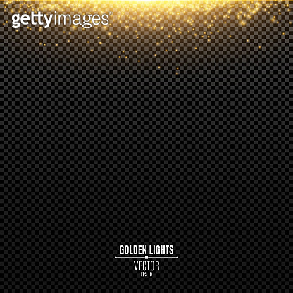 Abstract golden lights fall on a transparent background. Magical gold ...
