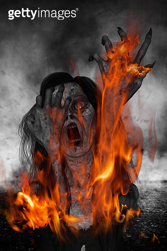 3d illustration of scary ghost woman screaming with fire burning on her ...