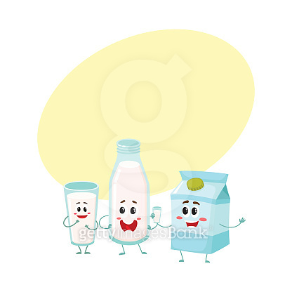 Funny milk characters - bottle, glass, carton box, smiling human faces ...