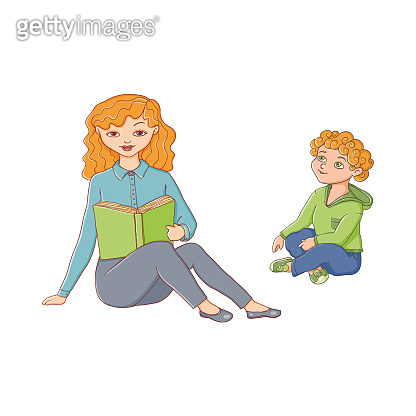 vector flat cartoon children sitting around woman 이미지 (847419282) - 게티이미지뱅크