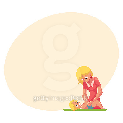 Young mother changing her babys diaper, nappy, cartoon vector ...