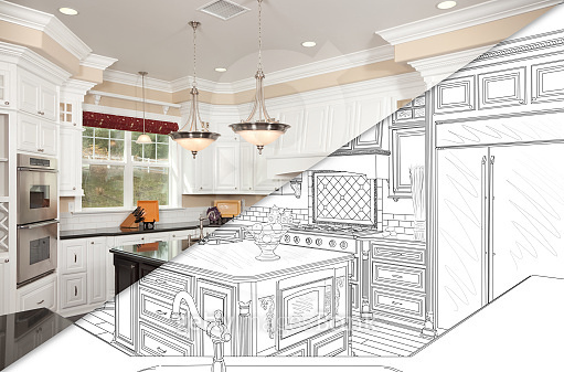 Diagonal Split Screen Of Drawing and Photo of New Kitchen 이미지 ...