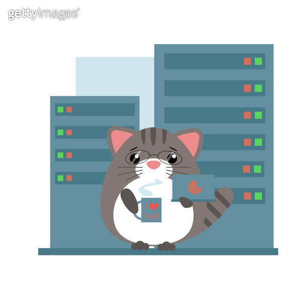 Anthropomorphic gray cat - programmer standing with computer and coffee ...