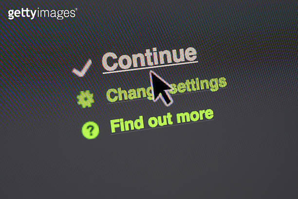 CONTINUE web button and mouse arrow on computer screen 이미지 (639330870 ...
