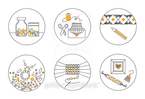 Set of six thin line round vector icons on theme of beadwork, jewelry ...