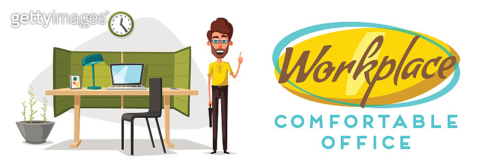Modern workplace. Creative character. Office work. Cartoon vector ...
