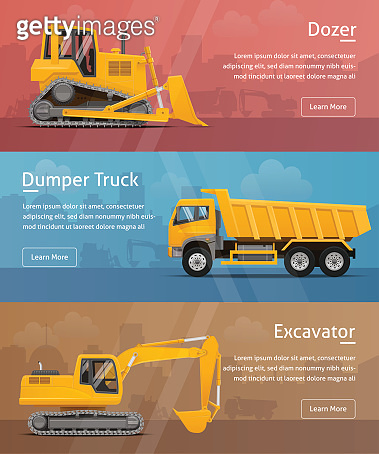 Dumper, Excavator, Dozer. Web Banners. Highly detailed vector ...