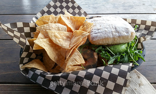 Grilled chicken torta on ciabatta with tortilla chips 이미지 (663838632 ...