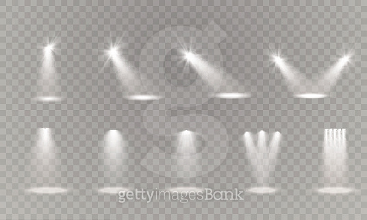 Realistic white gray glowing spotlights on transparent laid background ...