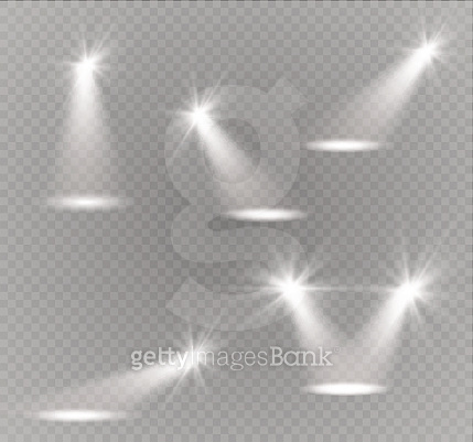 Realistic white gray glowing spotlights on transparent laid background ...