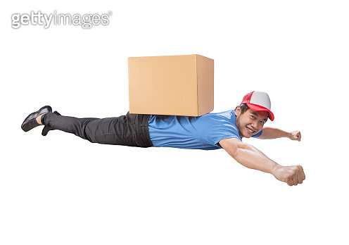 flying delivery man carrying carton box on back isolated white ...