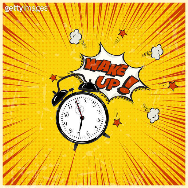 Wake up pop art illustration. Alarm clock and Wake Up text on grunge ...