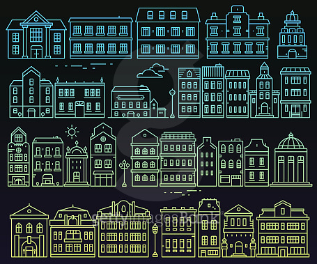 Big vector set of different urban structures at night. Illustration of ...