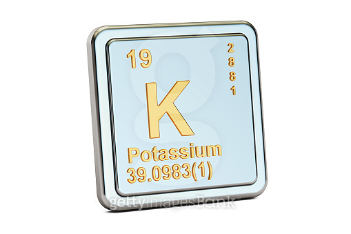 Potassium, K chemical element sign. 3D rendering isolated on white ...