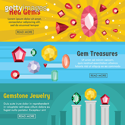 Gems 3 horizontal banners set with treasure design symbols flat ...