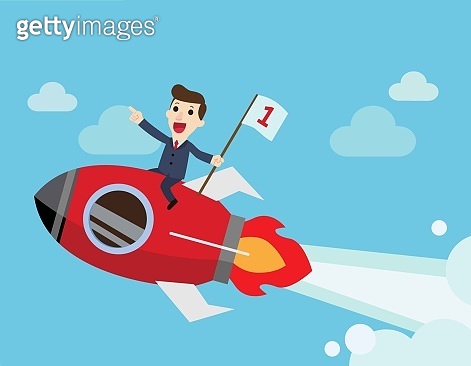Happy businessman holding number one flag sitting on rocket ship flying ...