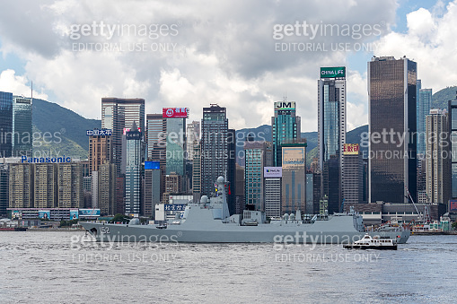 Jinan missile destroyer acrossed Victoria harbour of Hong Kong ...