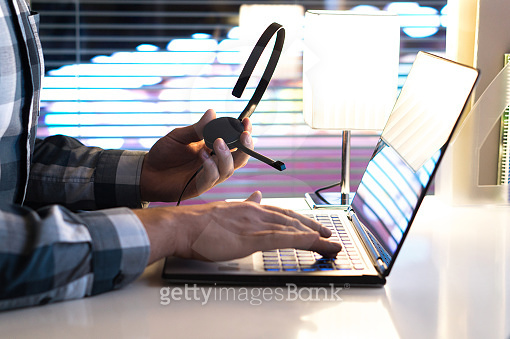 Call center, 24/7 help desk or support hotline concept. Video call ...