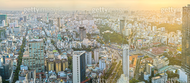 High view Saigon skyline when the sun shines down urban (668873502 ...