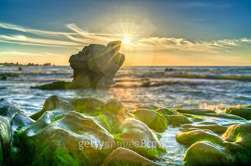 Stones covered with moss and seaweed welcomes dawn beautiful new day ...