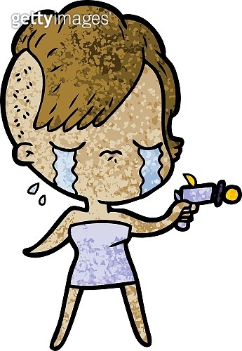 cartoon crying girl pointing ray gun 이미지 (891404544) - 게티이미지뱅크